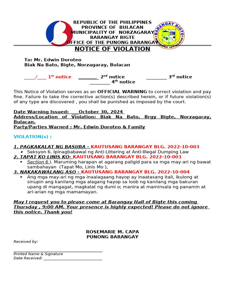 Notice of Violation in Barangay Bigte | PDF