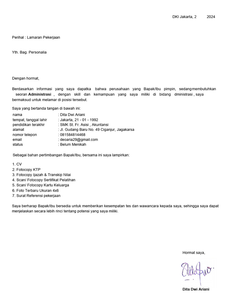 Surat Lamaran Dita DA - TTD | PDF