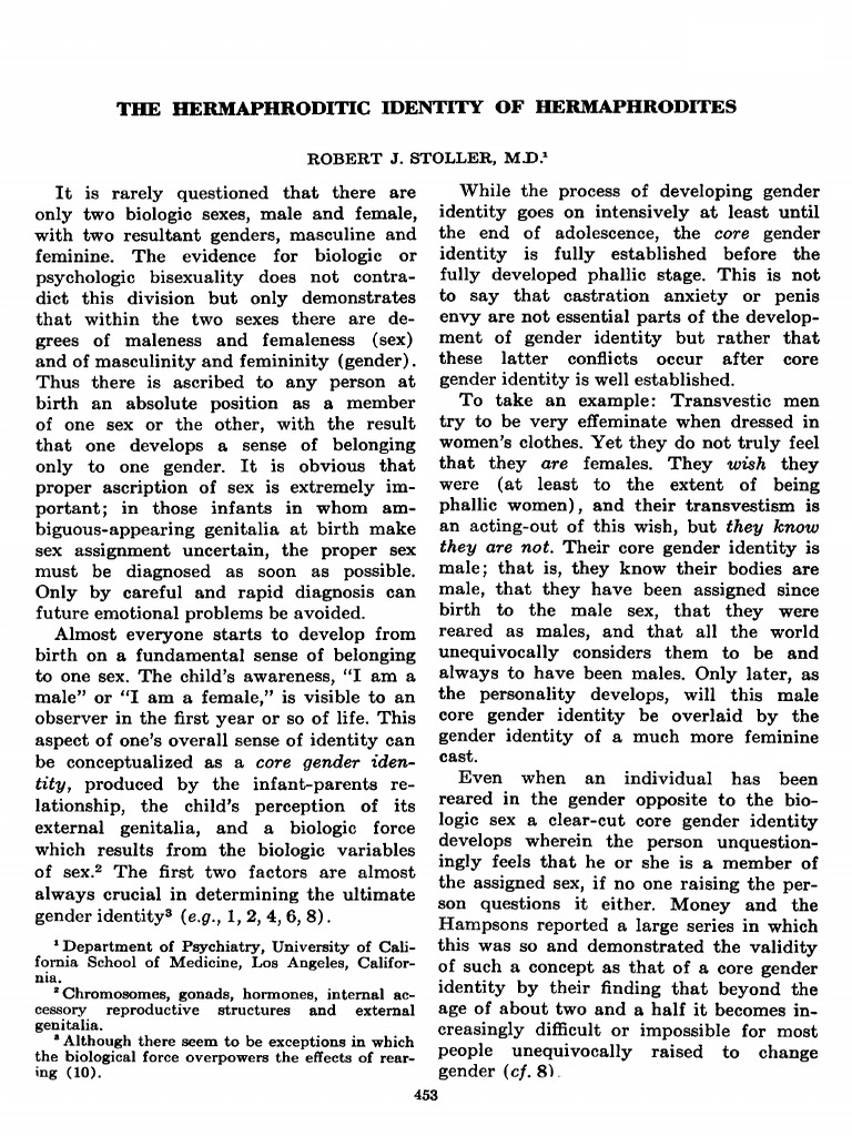 "The Hermaphroditic Identity of Hermphrodites", Robert Stoller | PDF