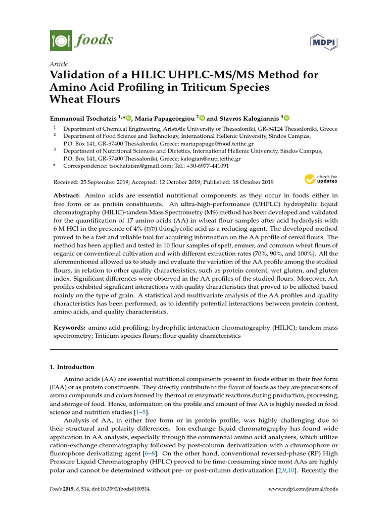 Validation of A HILIC UHPLC-MSMS Method For Amino Acid Profiling in Triticum Species Wheat ...