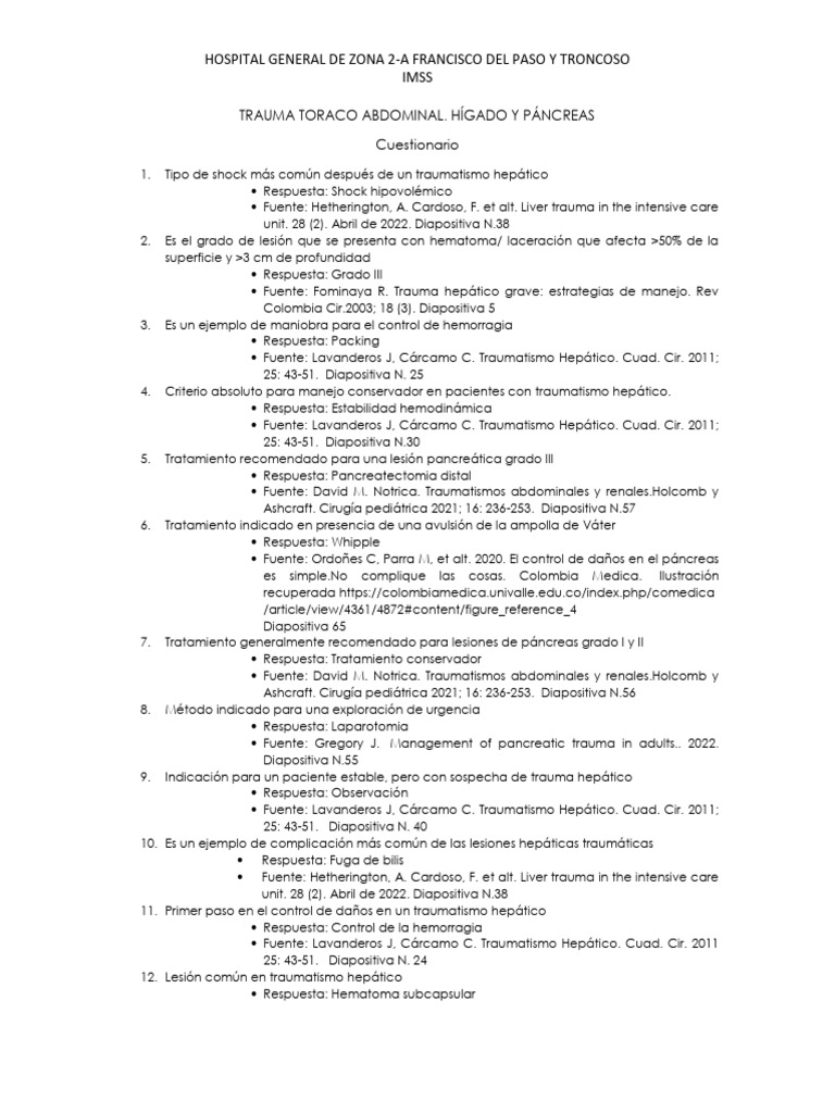 TRAUMA TORACO ABDOMINAL. Hígado y Páncreas. Preguntas y Respuestas | PDF | Especialidades ...
