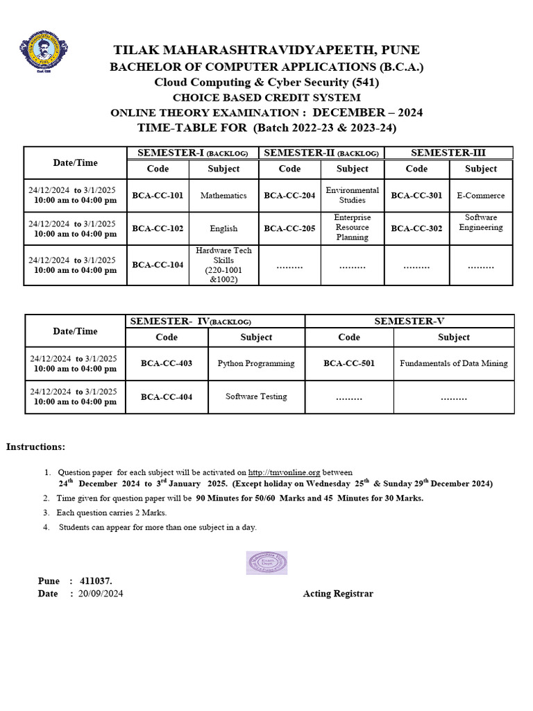BCA BCA-CS BCA-IMS BCA CS and BSC CS BCA-Cloud Computing Time Table For ...
