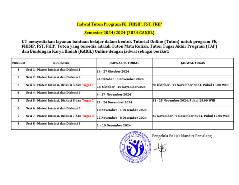 Jadwal Tuton Program 2024 GANJIL | PDF