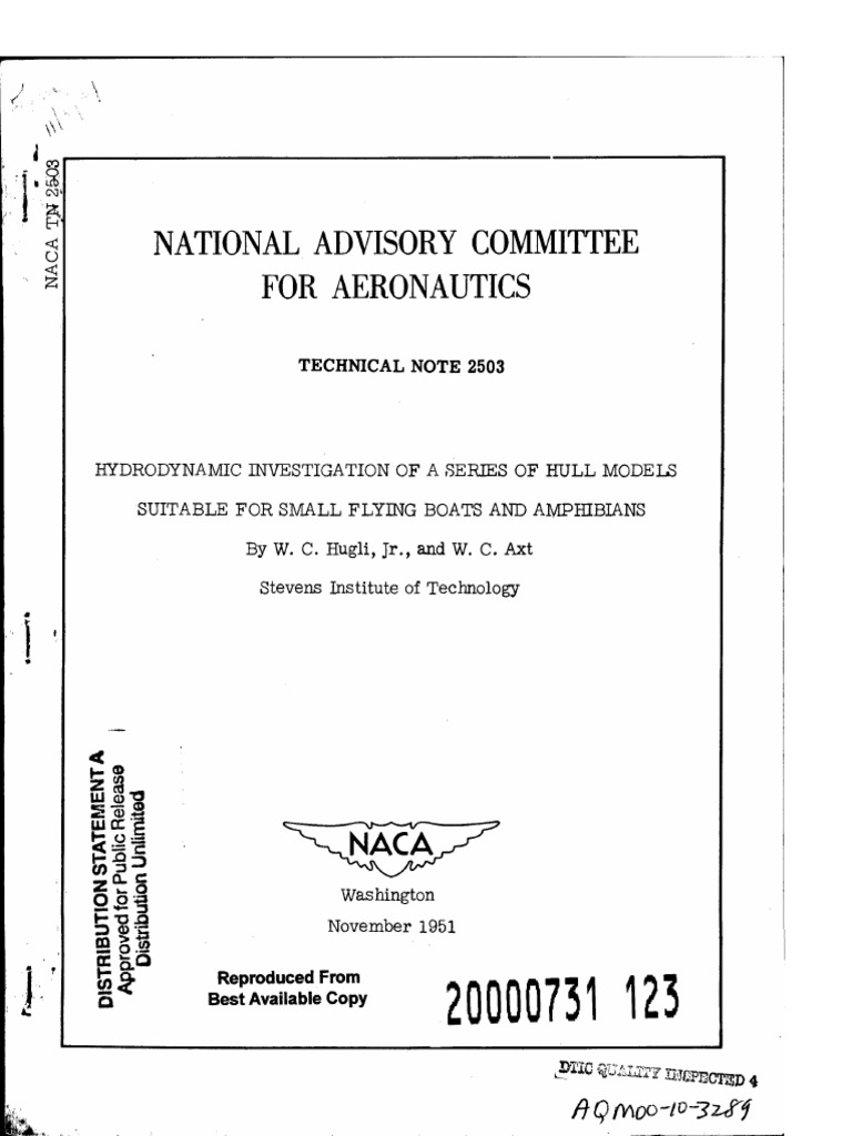 Naca TN-2503. Hydrodynamic Investigation of A Series of Hull Models | PDF