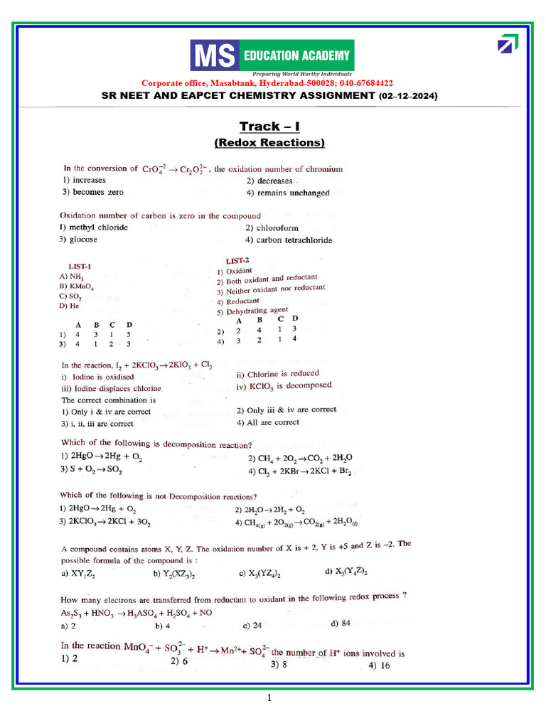 NEET EAPCET Chemistry Assignment 2024 | PDF