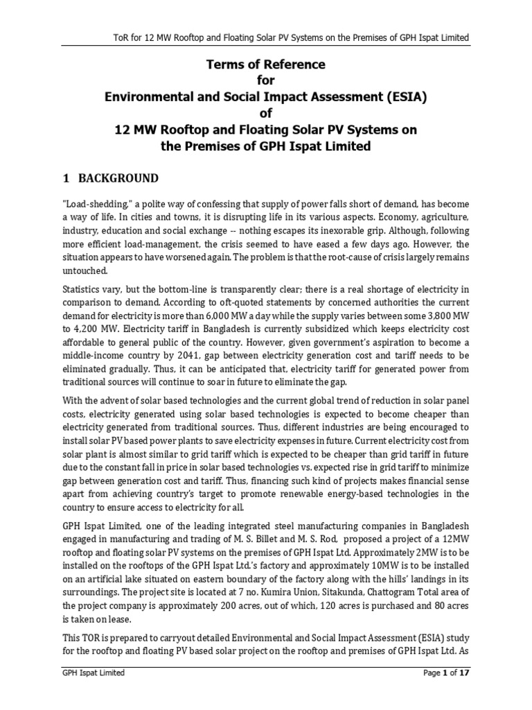 ToR For 12MW Solar Project For GPH Ispat Ltd. | PDF | Environmental ...