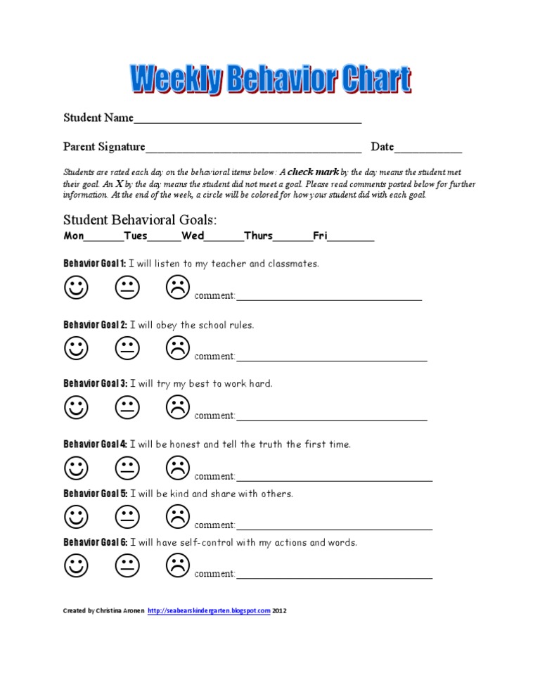 Kindergarten Weekly Behavior Report