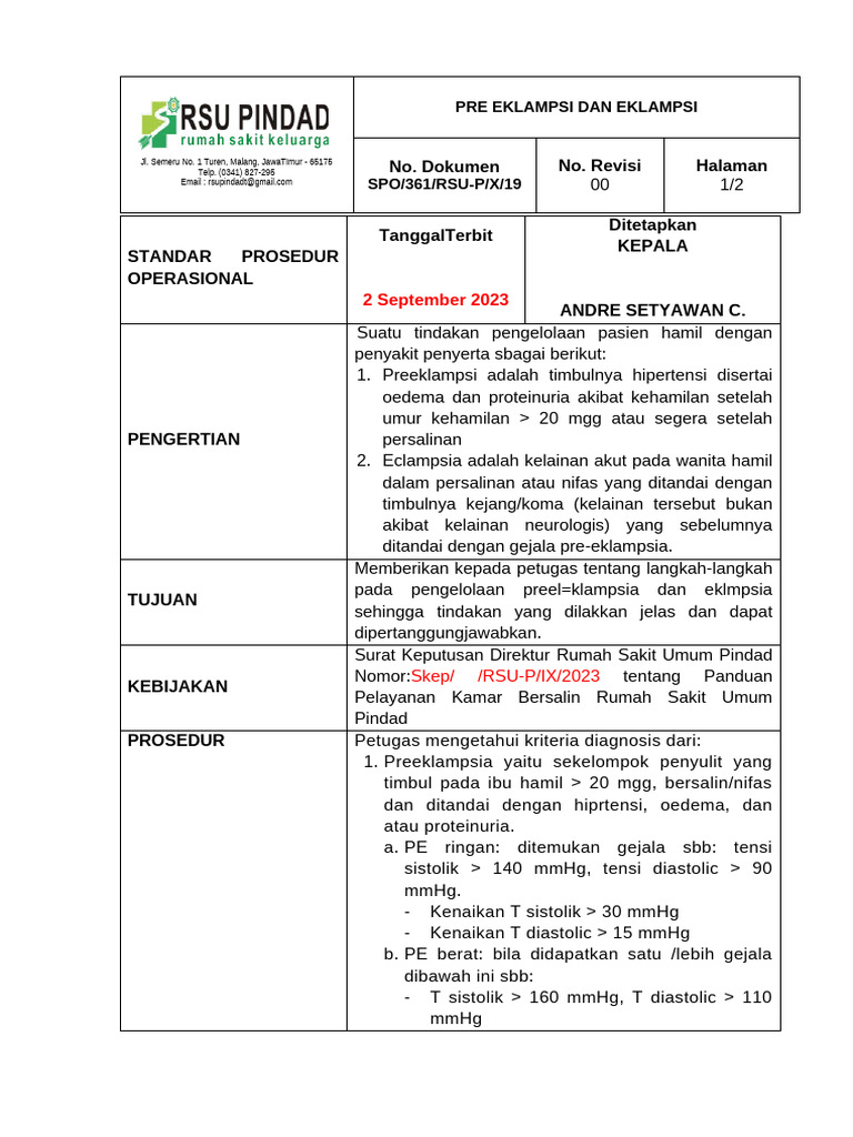 Spo Pre Eklampsi Dan Eklampsi | PDF