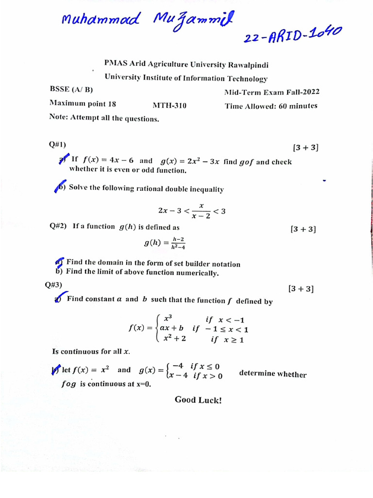 Calculus and Analytical Geometry Papers (Mid + Final) 1st Semester | PDF