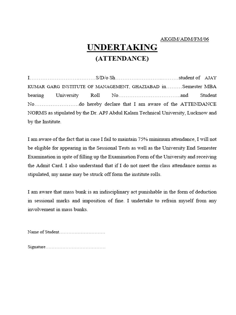 Attendance Undertaking | PDF
