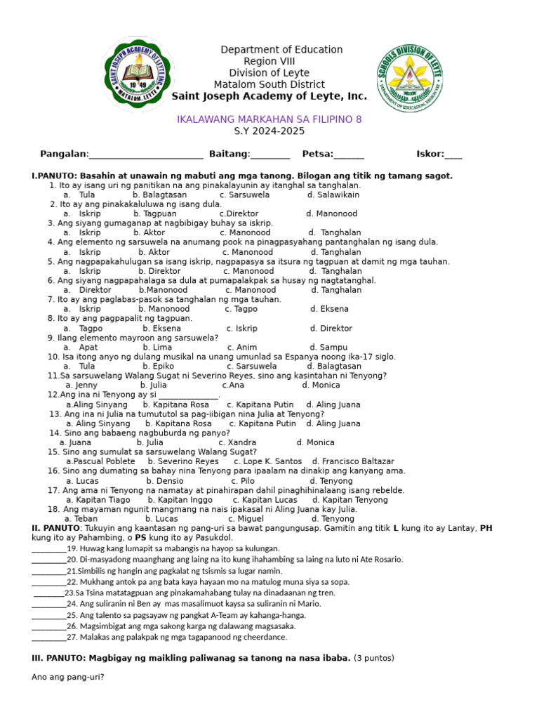 Fil 8 2nd Quarter Questionnaire Copy | PDF