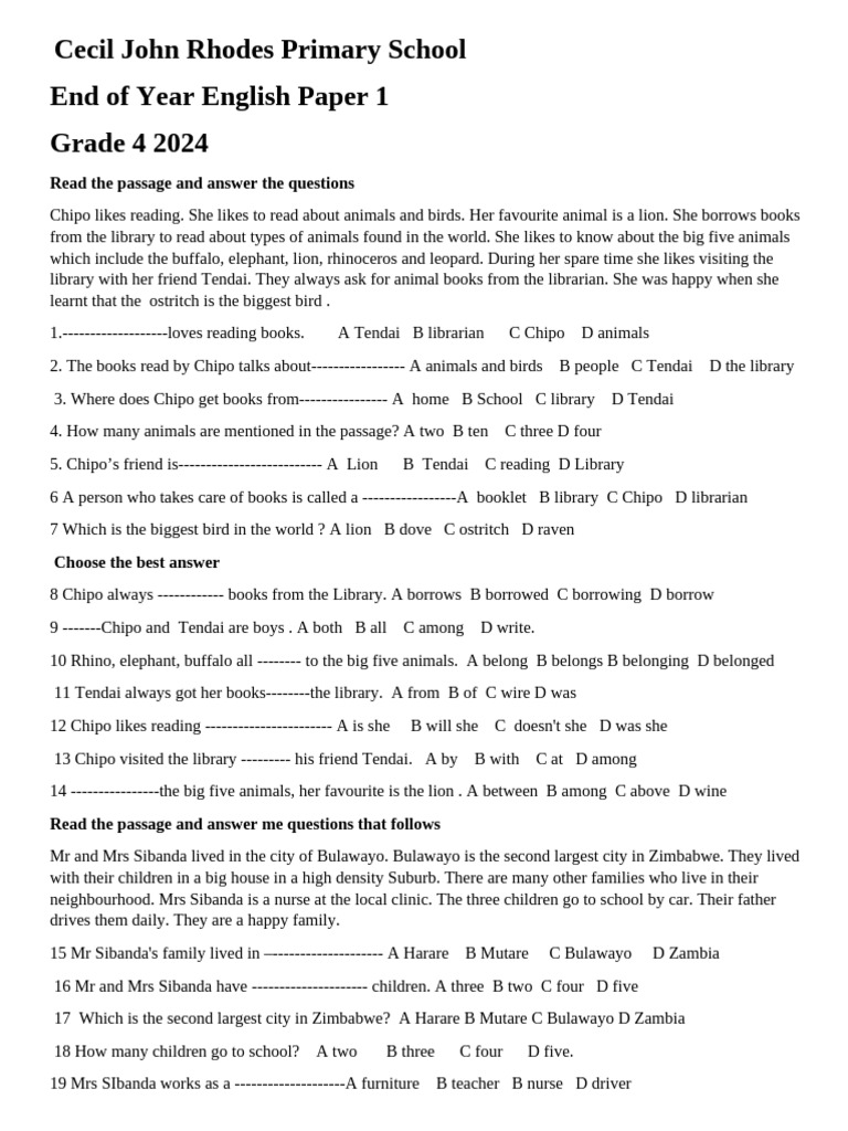 English Grade 4 Paper 1 End of Year | PDF