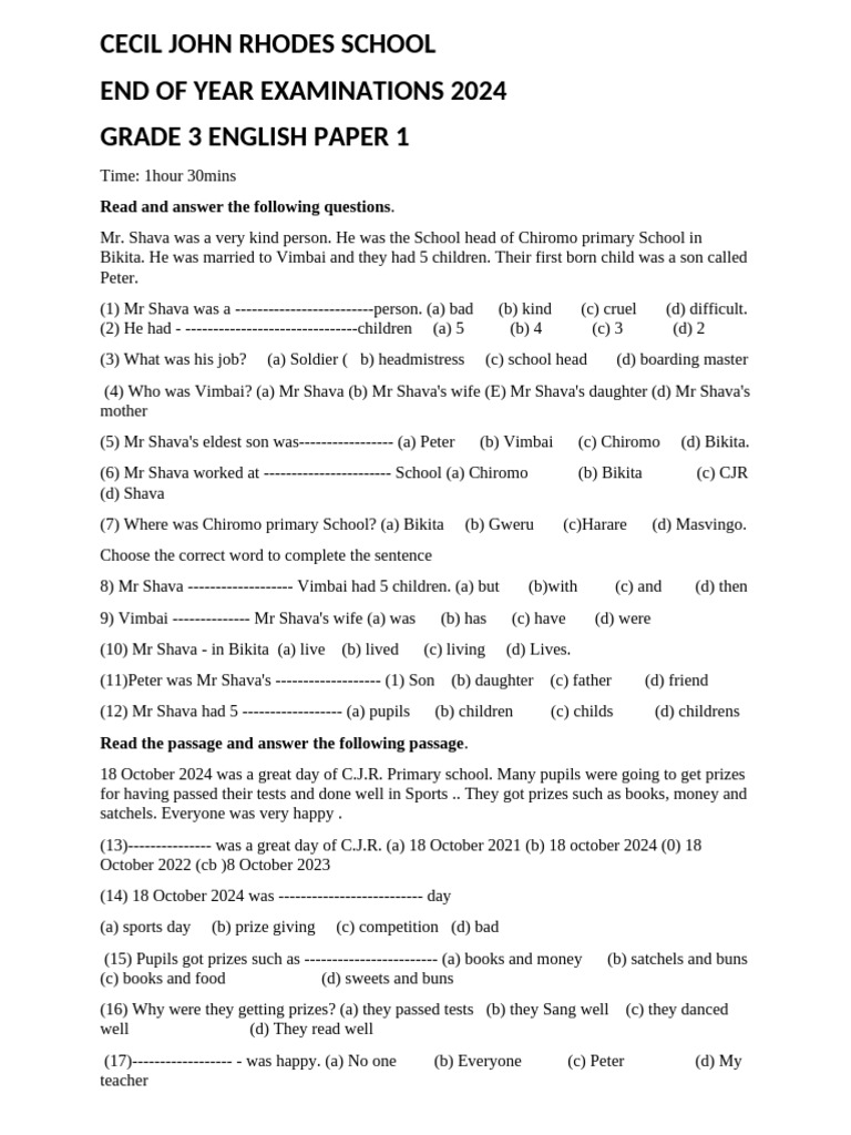 Grade 3 English End of Year Exam 2024 | PDF | Childhood | Family