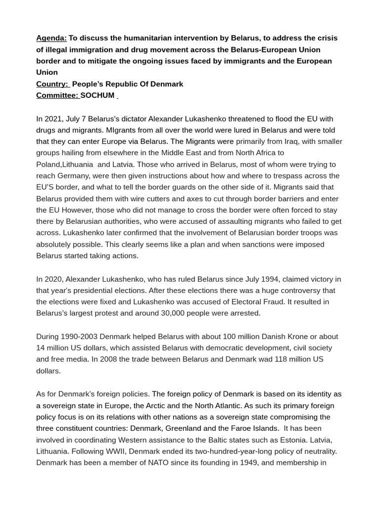 Position Paper, People's Republic of Denmark, Sochum | PDF | Belarus | Denmark