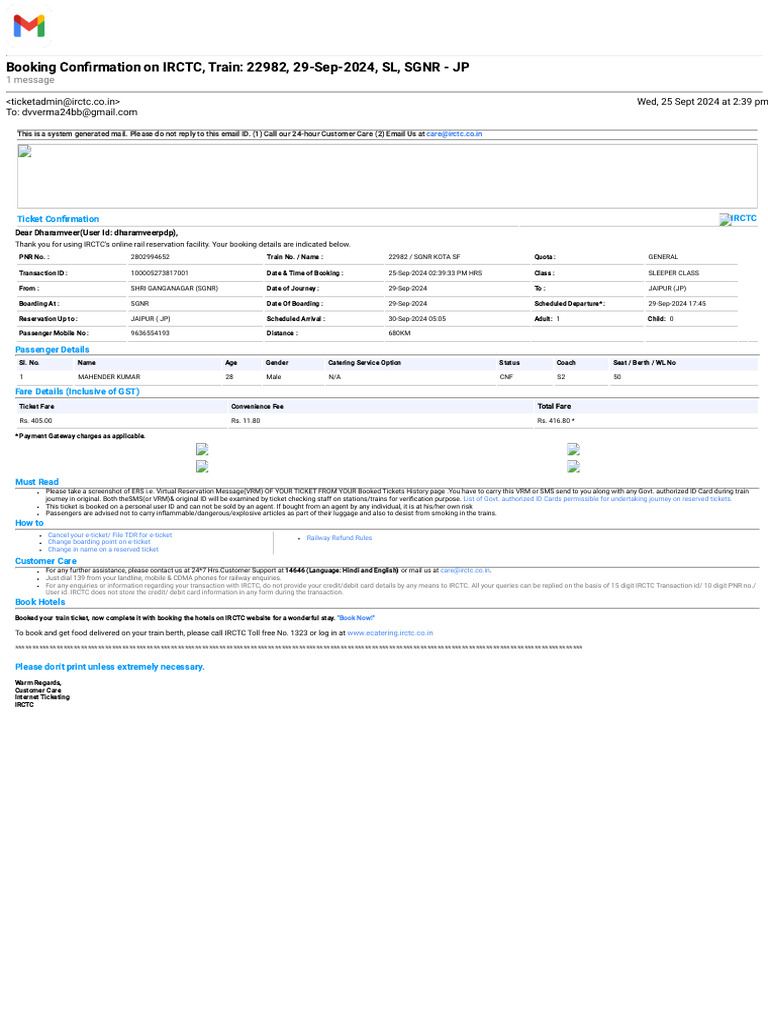 Gmail - Booking Confirmation On IRCTC, Train - 22982, 29-Sep-2024, SL ...