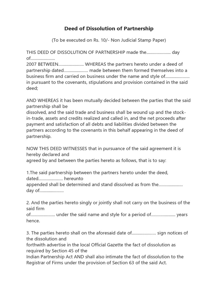 Deed of Dissolution of Partnership | PDF | Partnership | Equity (Finance)