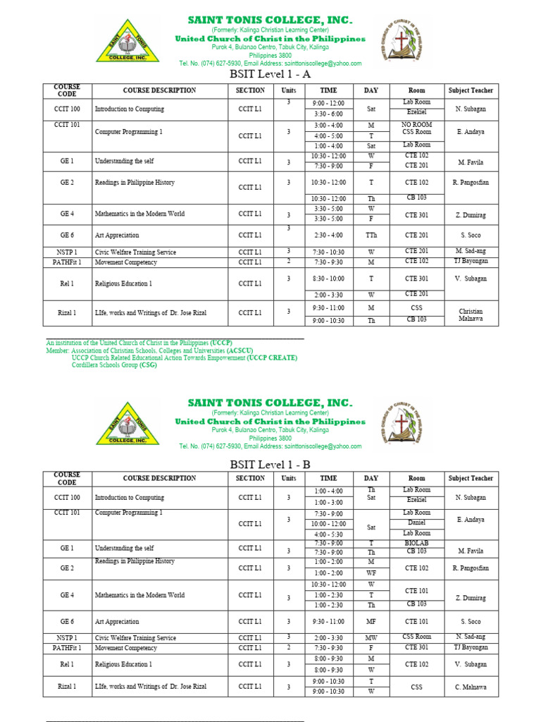 BSIT Schedule Per Year Level - 082724 - 239am | PDF