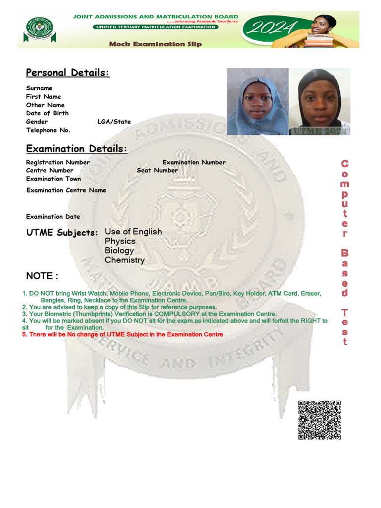 Mock Examination Slip | PDF