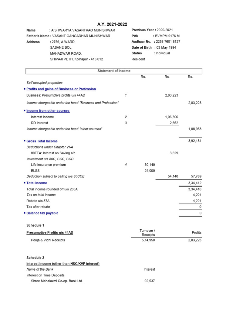 Computation of Income 21-22 | PDF | Life Insurance | Public Finance