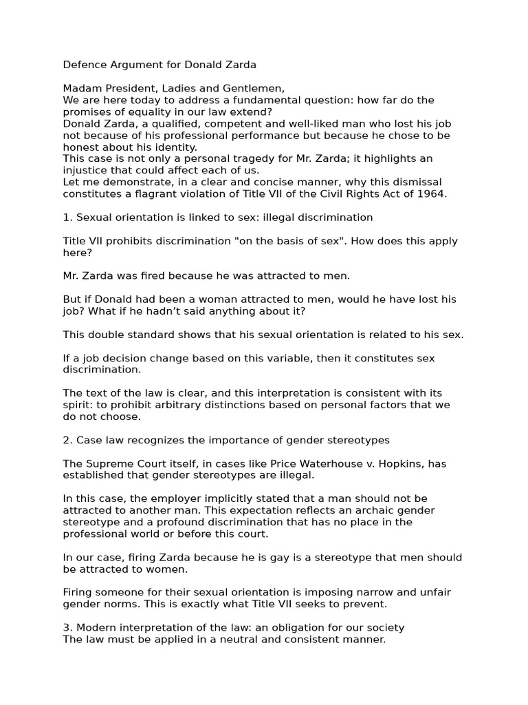 Defence Argument for Donald Zarda anglais | PDF | Civil Rights Act Of ...