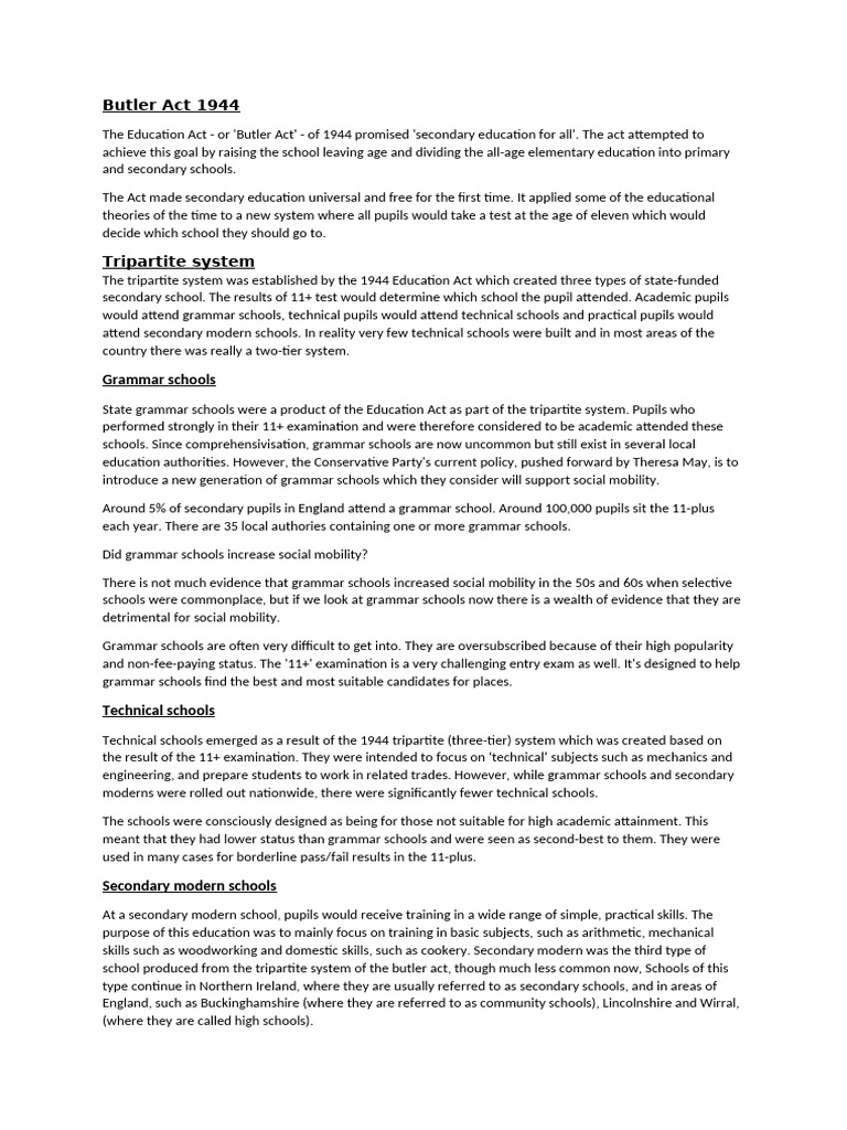 Butler Act 1944 word | PDF | Schools | Educational Stages