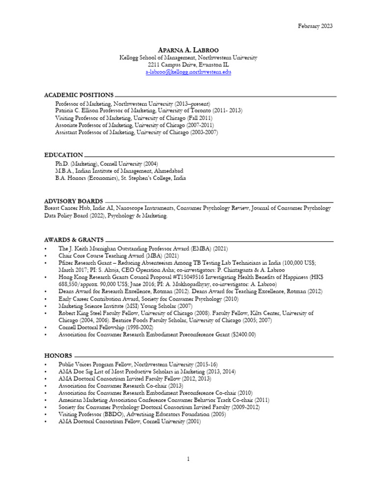 CV Labroo Aparna 022723 | PDF | Affect (Psychology) | Consumer Behaviour