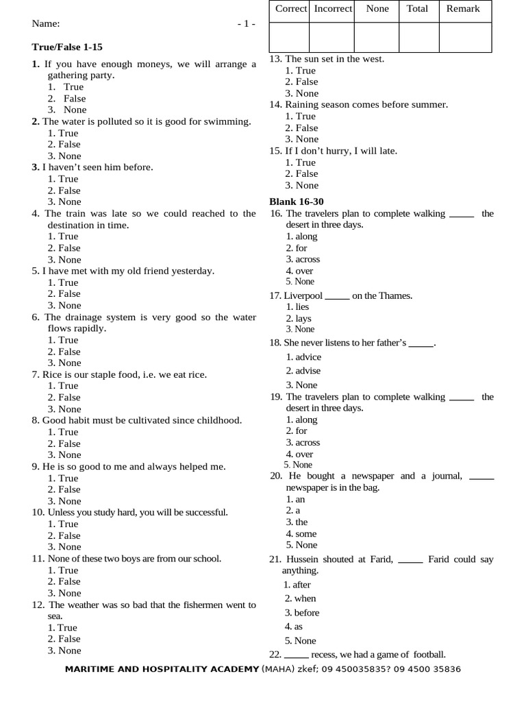 Basic English Skill Test 2 | PDF