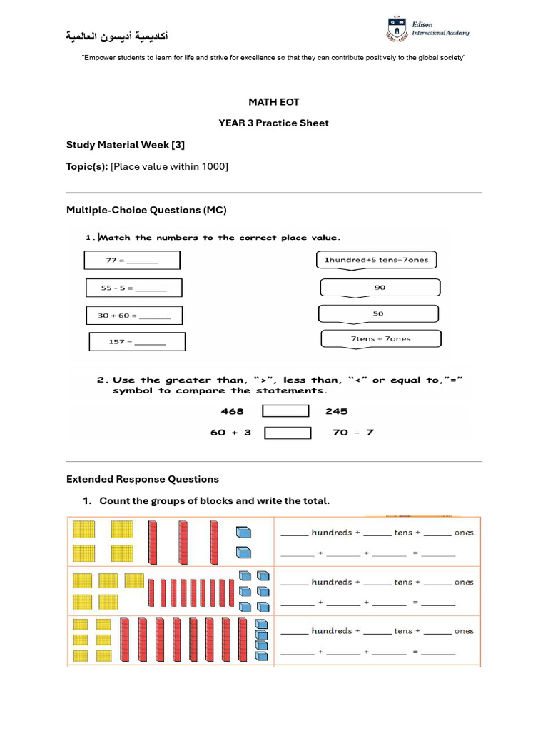 Year 3 Math Eot Practice Sheets With Answer Key Updated | PDF | Multiple Choice | Mathematics