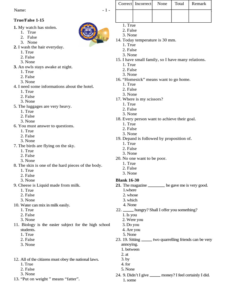 Basic English Skill Test Questions | PDF