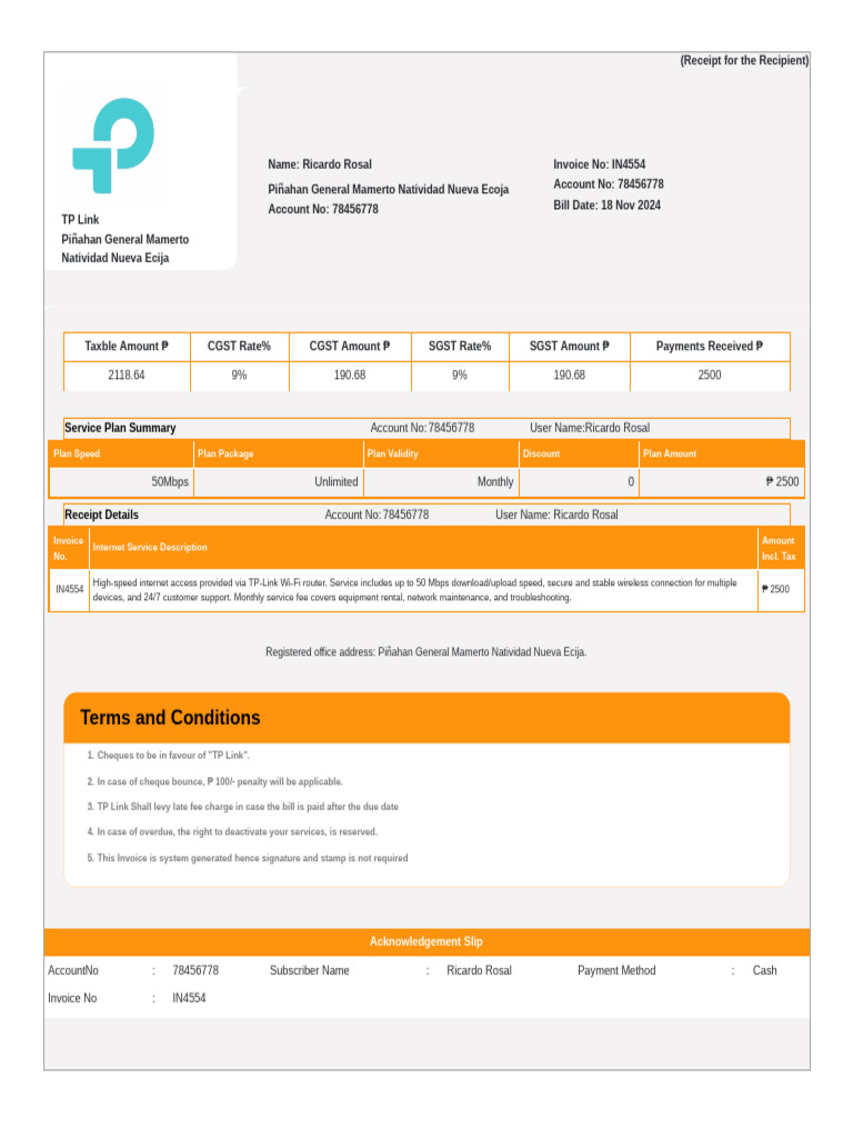 Internet Bill Receipt for TP Link | PDF | Receipt | Cheque