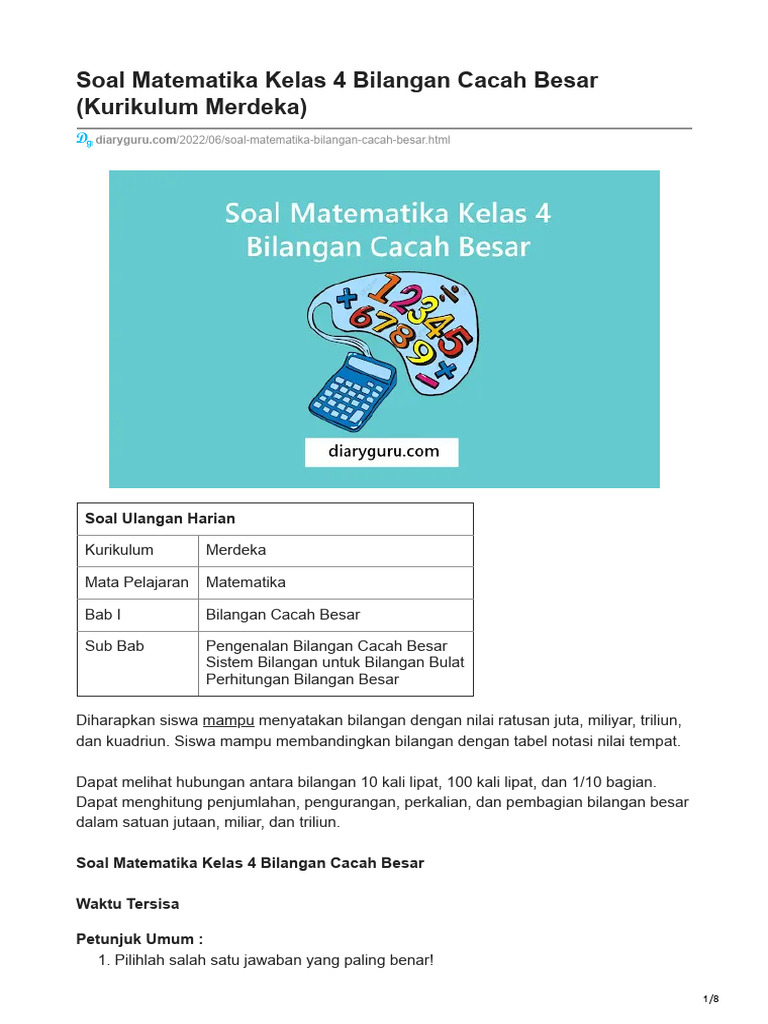 Atematika Kelas 4 Bilangan Cacah Besar Kurikulum Merdeka | PDF