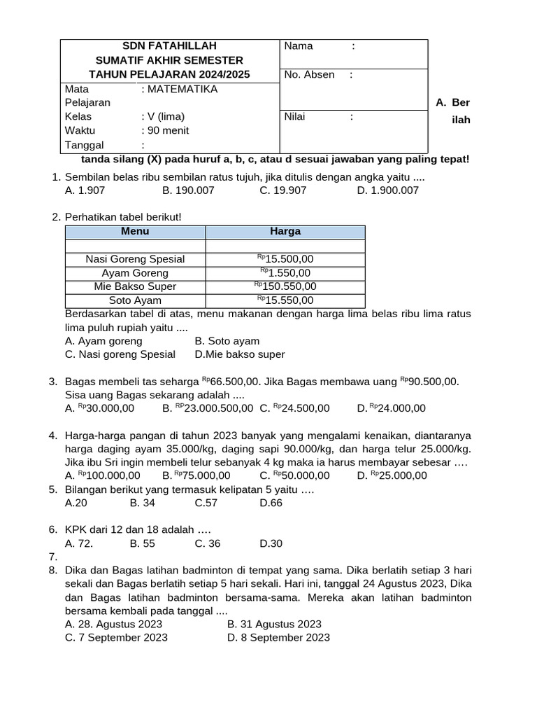 Soal Asas Ganjil Matematika Kelas 5 | PDF