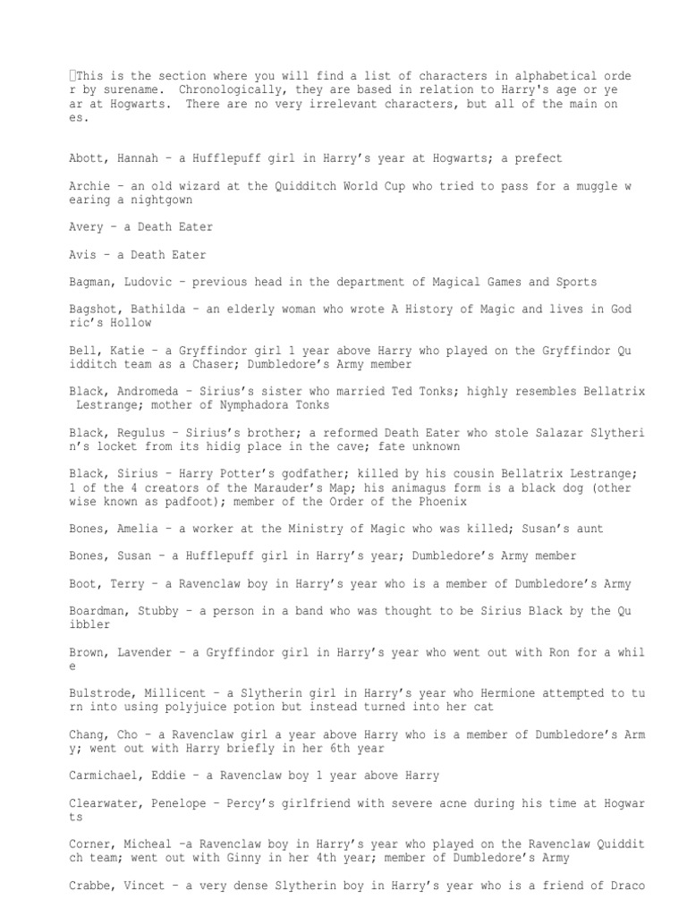 Harry Potter List of Characters | PDF | Elements Of Fiction