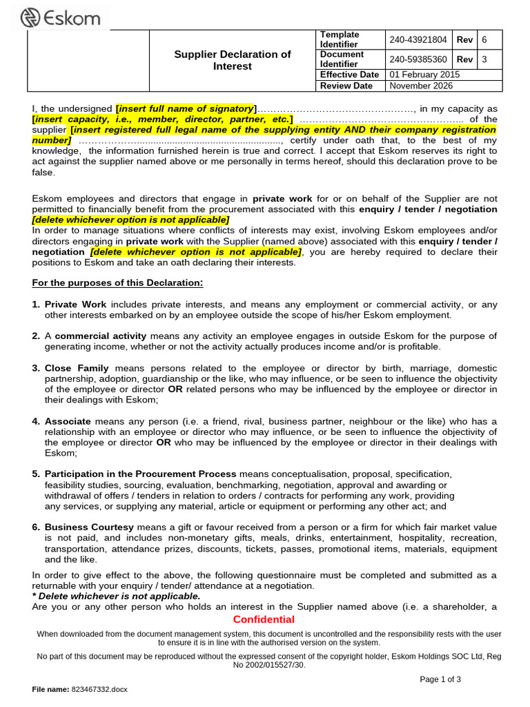 Supplier Declaration of Interest | PDF | Business
