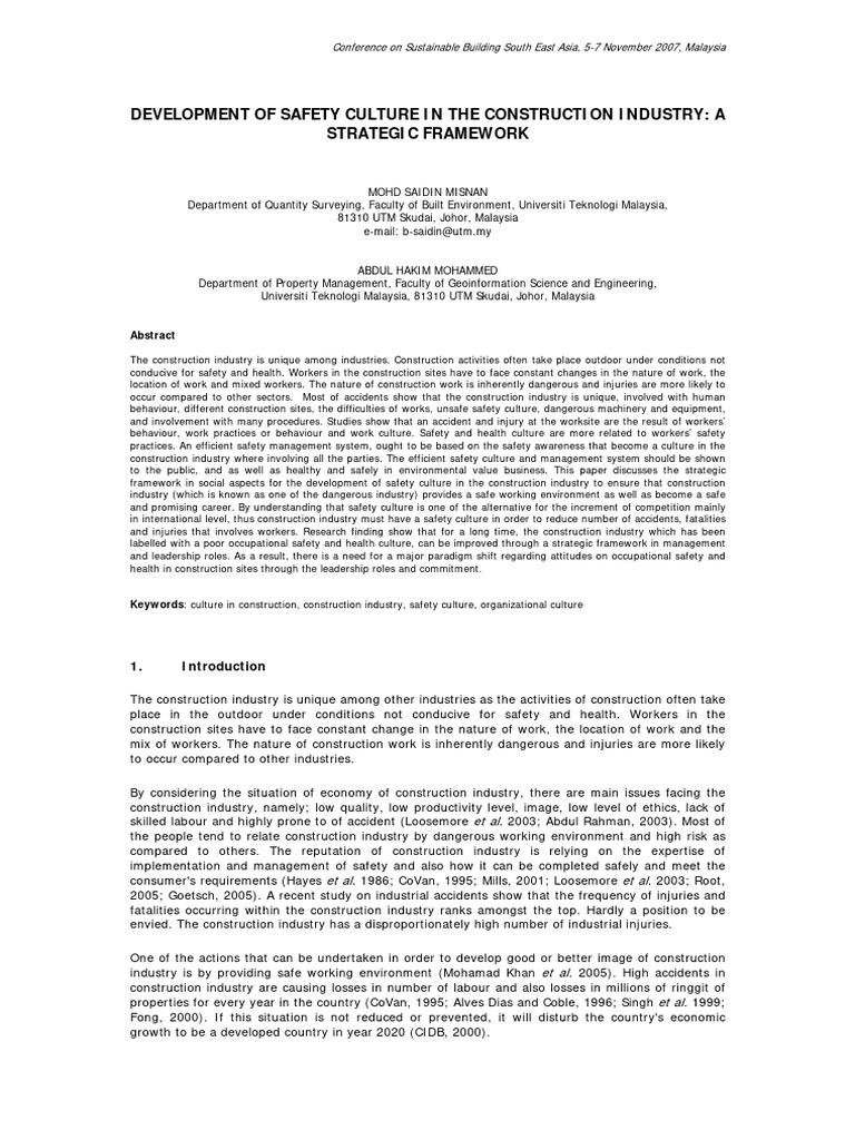 Development of Safety Culture in The Construction Industry - A ...