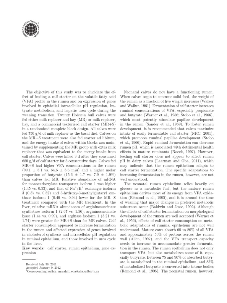The Ruminal Epithelium and Liver of Holstein Dairy Calves | PDF | Weaning | Biochemistry