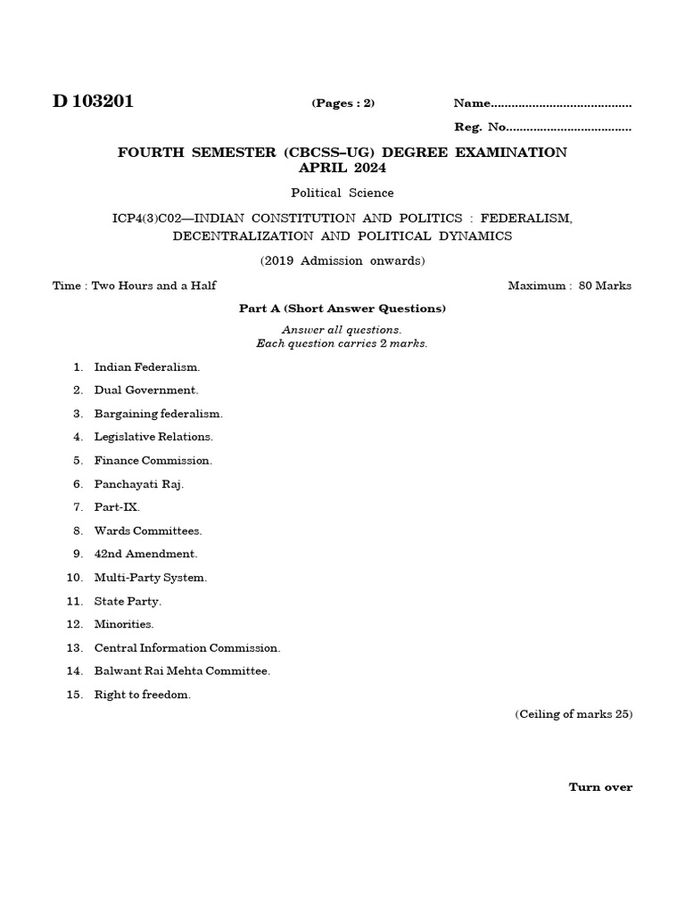 Ba His Pol - SC 4sem Apr 2024 | PDF | Government Of India | Government