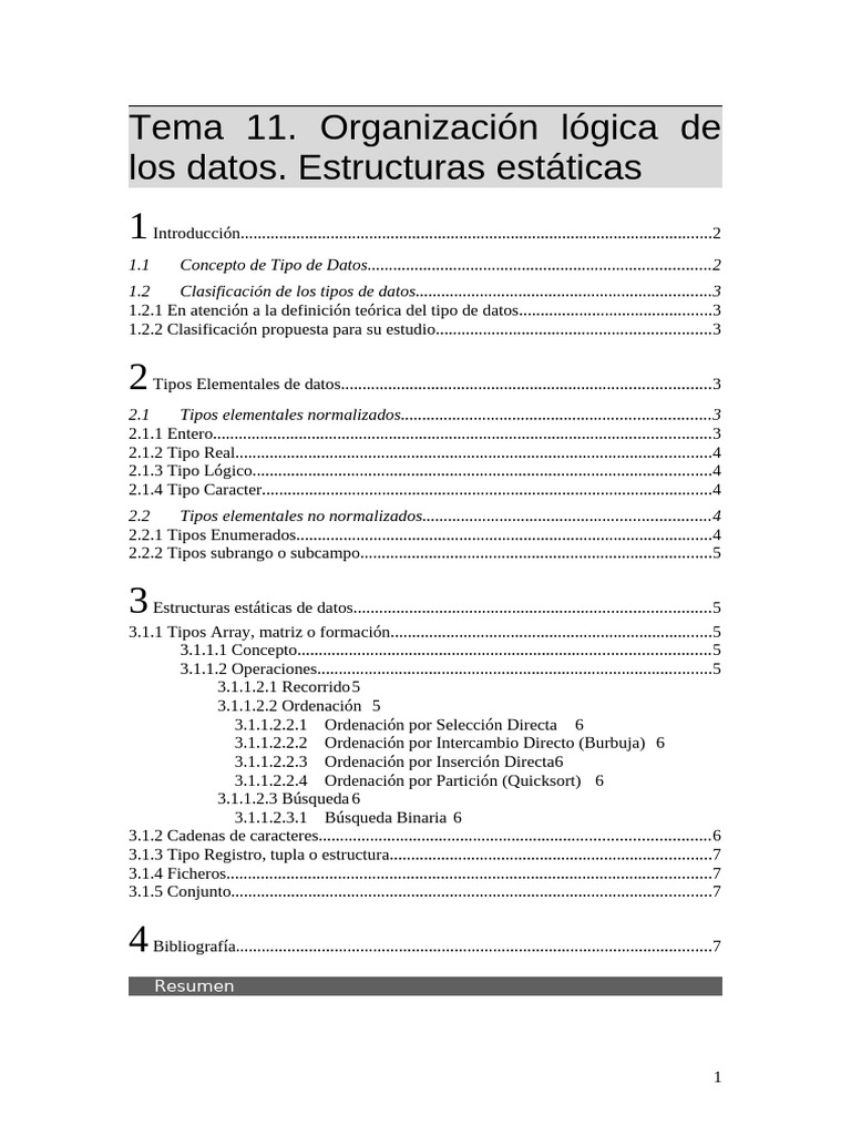 Tema 11. Organización Lógica de Los Datos. Estructuras Estáticas | PDF ...