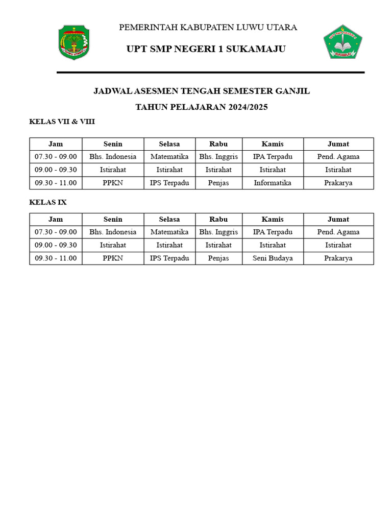 Jadwal Ats Semester 1 2024 2025 | PDF