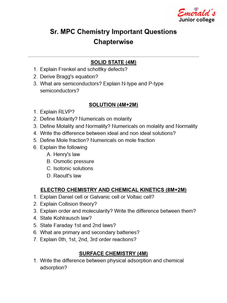 Sr. MPC Chemistry Important Questions Chapterwise | PDF | Transition ...