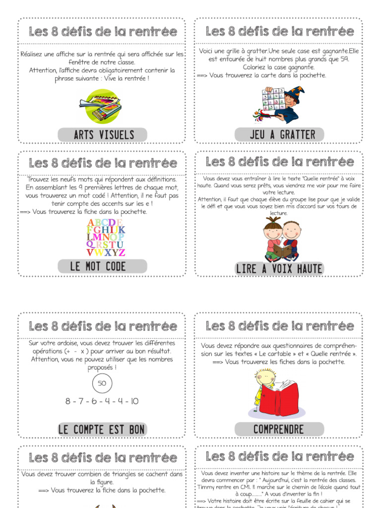 Cartes Défis de Rentrée CM | PDF