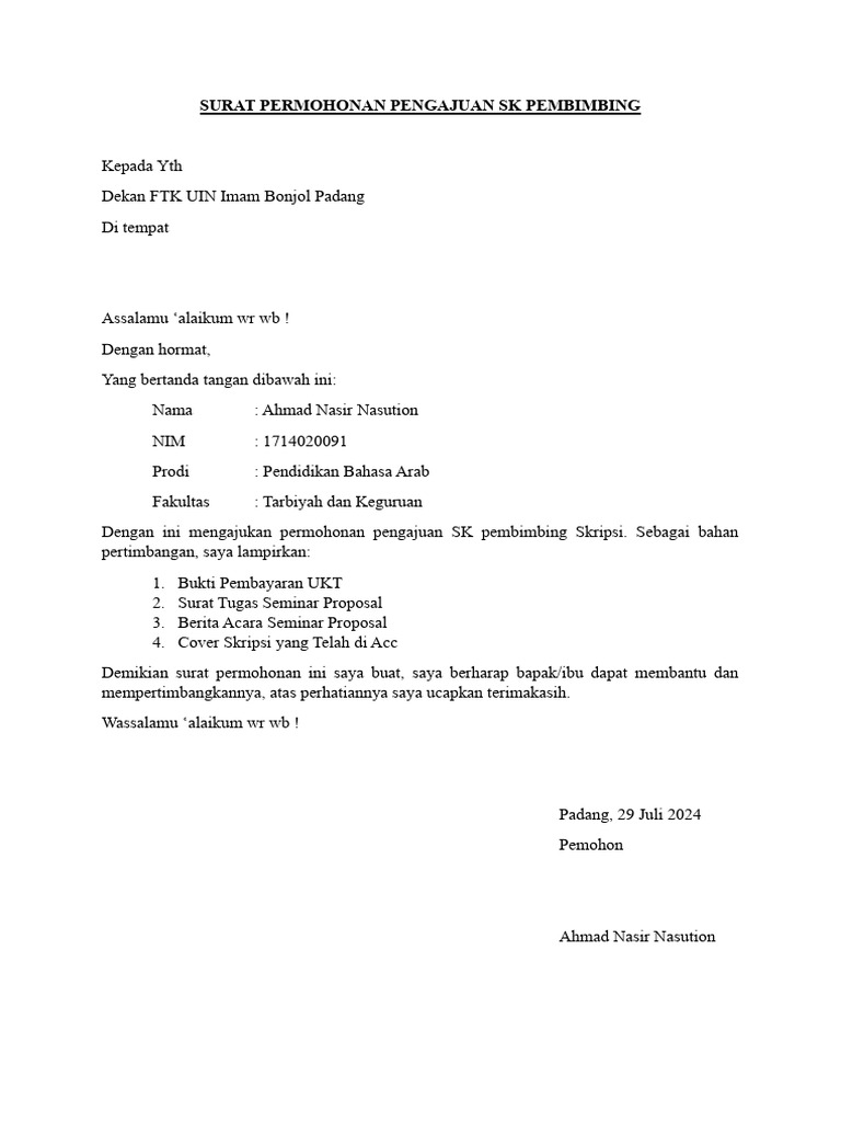 Permohonan SK Pembimbing Skripsi | PDF