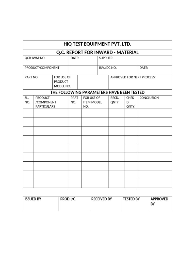 QC Inward Material Report Hiq Test Equipment PVT | PDF