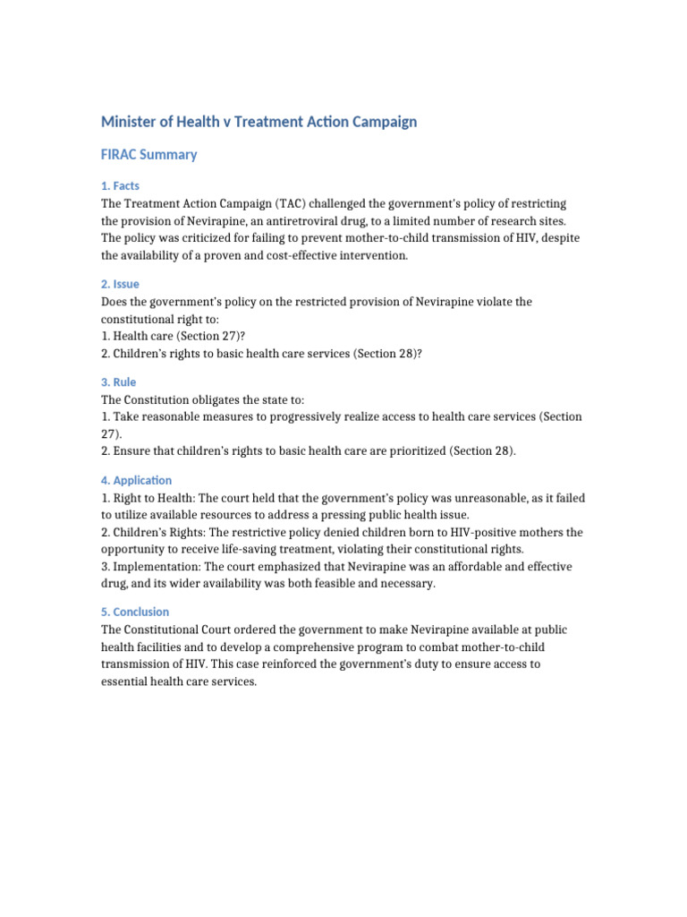 Minister of Health V Treatment Action Campaign FIRAC Updated | PDF