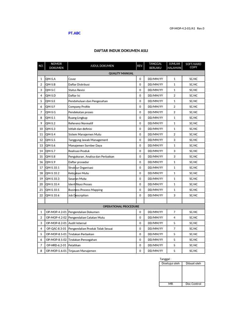 Form Op-Mop-4.2-01 Pengendalian Dokumen | PDF