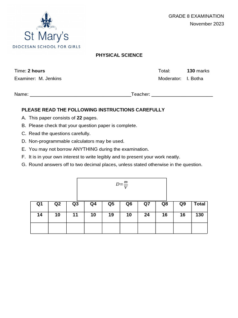 Grade 8 Physical Science Exam 2023 | PDF | Ion | Chemical Elements