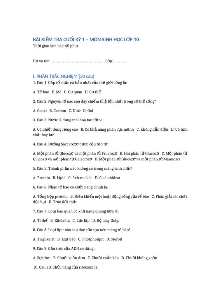 Bai Kiem Tra Cuoi Ky 1 Sinh 10 Dap an Hang Ngang | PDF