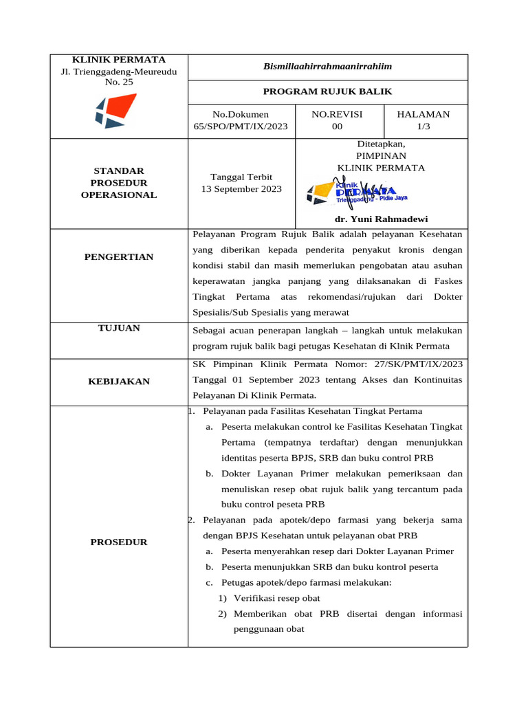6 Sop Rujukan Umpan Balik Ke FKTP Perujuk | PDF