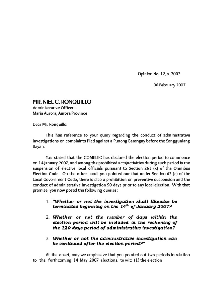 LEGAL OPINION NO. 12administrative Investigation | PDF | Governance ...
