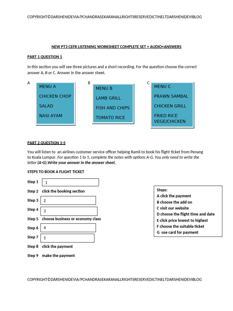 New PT3 Cefr Listening Worksheet Complete Set +audio+answers | PDF ...